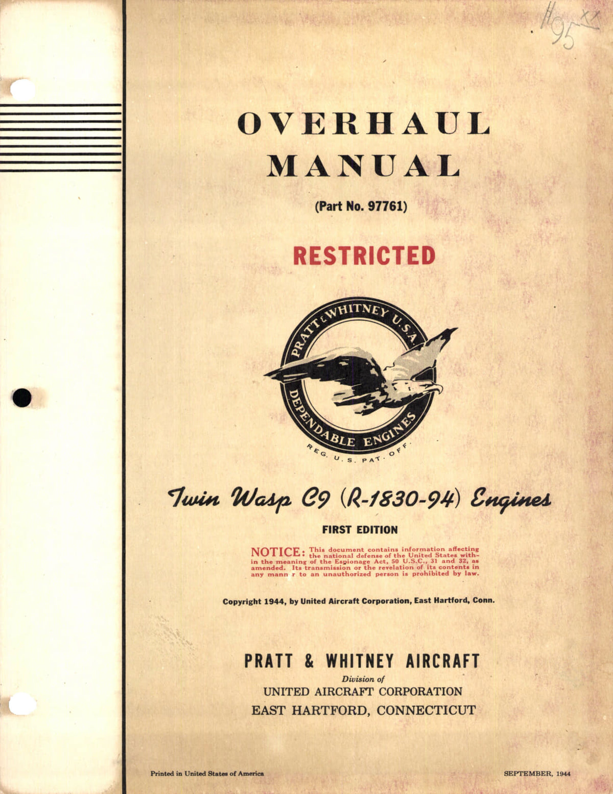 Pratt & Whitney Twin Wasp C9 engines overhaul manual (original 1944 do ...